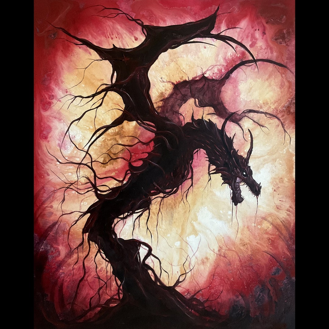Smolderfang Fiery Art Print Dark Serpentine Red Dragon Tree Burning in ...