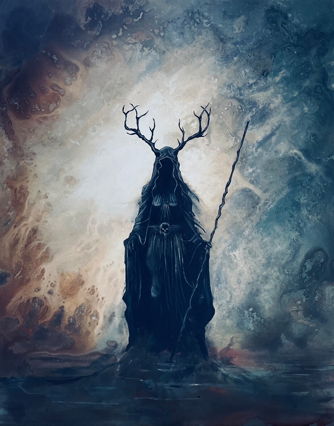Primordial - Dark Art Print - Shadowy Witch With Cloak & Antlers ...