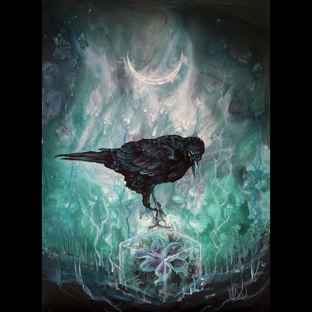 Thawing Original Painting Raven Standing on Melting Ice Cube With Blue ...