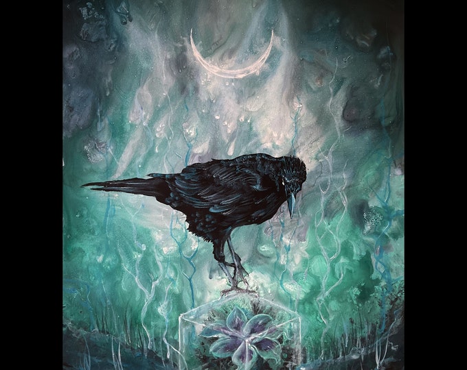 Thawing - Original Painting - Raven Standing on Melting Ice Cube With ...