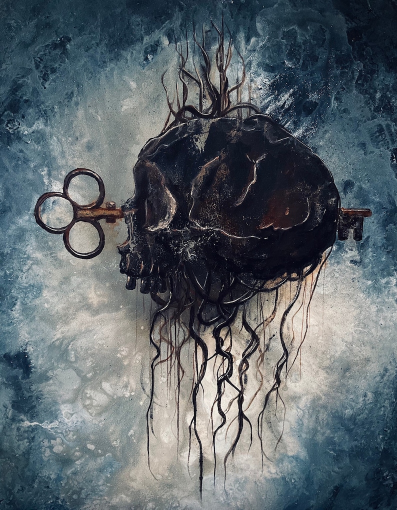Skeleton Key - Dark Art Print - Rustic Textured Skull Floating With ...