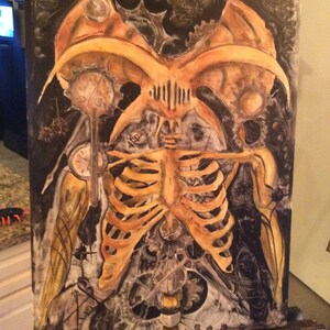 Clockwork Daemon - Original Framed Dark Art Painting - Gold Boned Demon ...