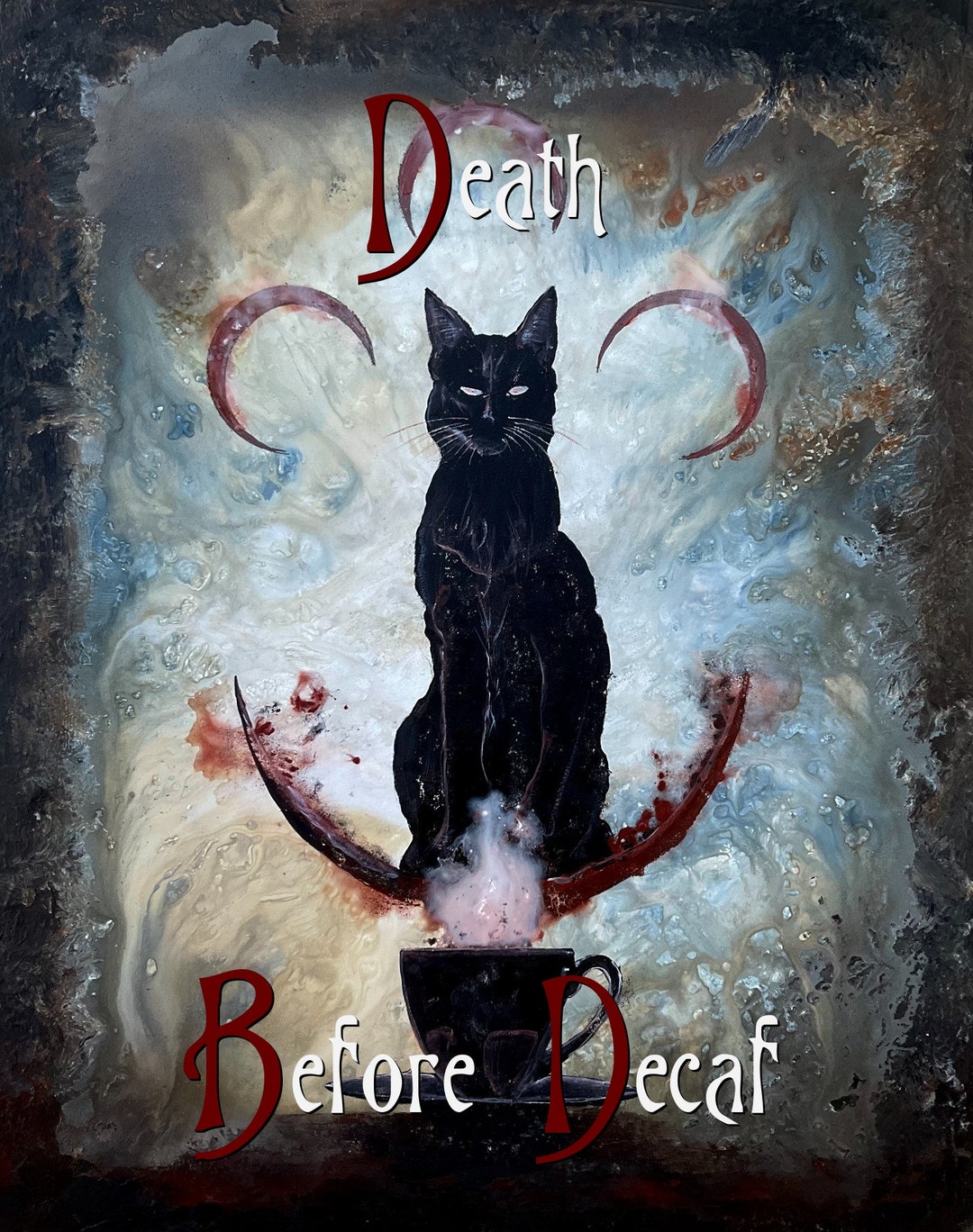 Death Before Decaf - Black Cat Art Print - Dark Cat Wall Decor With Cup ...