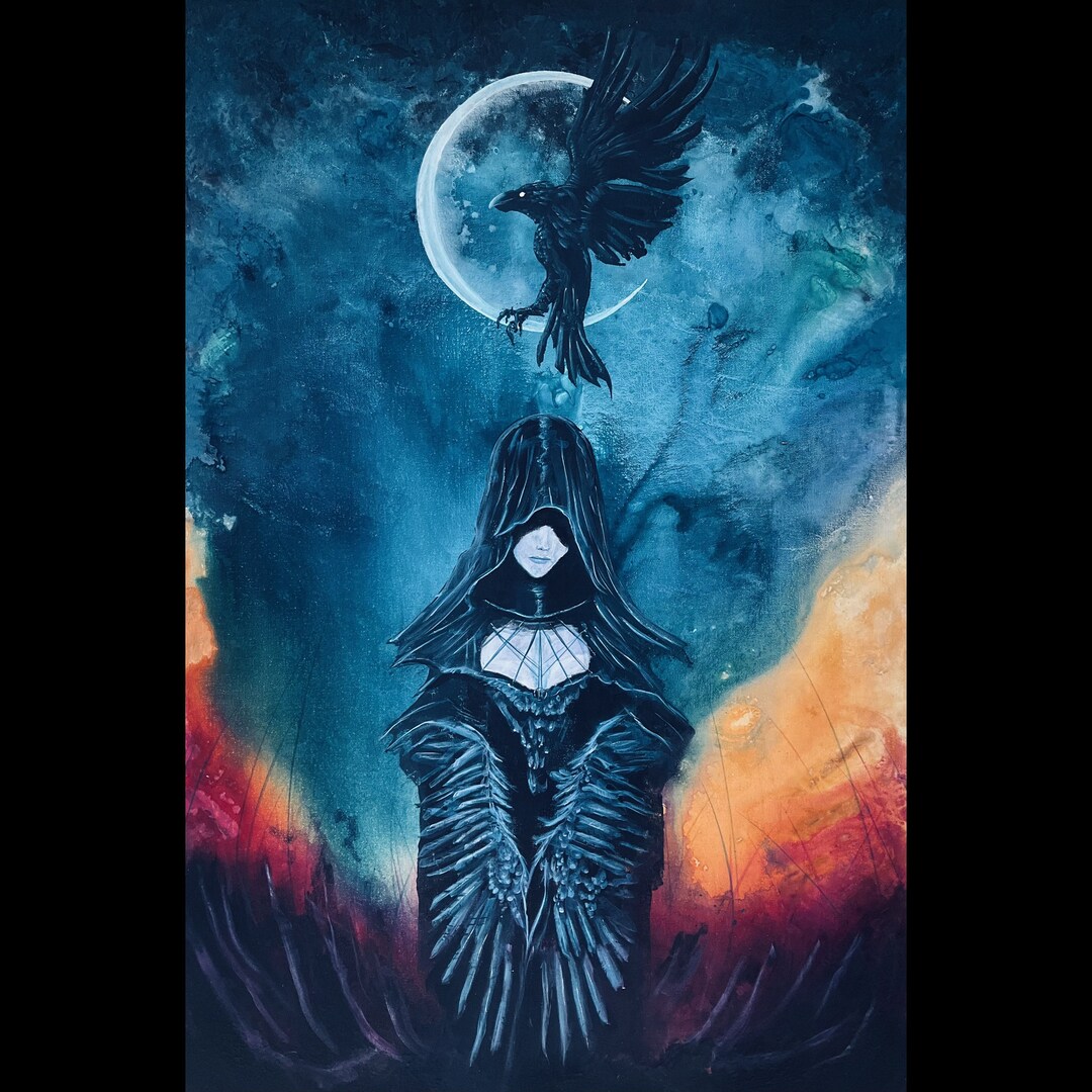 Ravenesque Original Painting Winged Goddess Meditates Beneath Shadowy ...