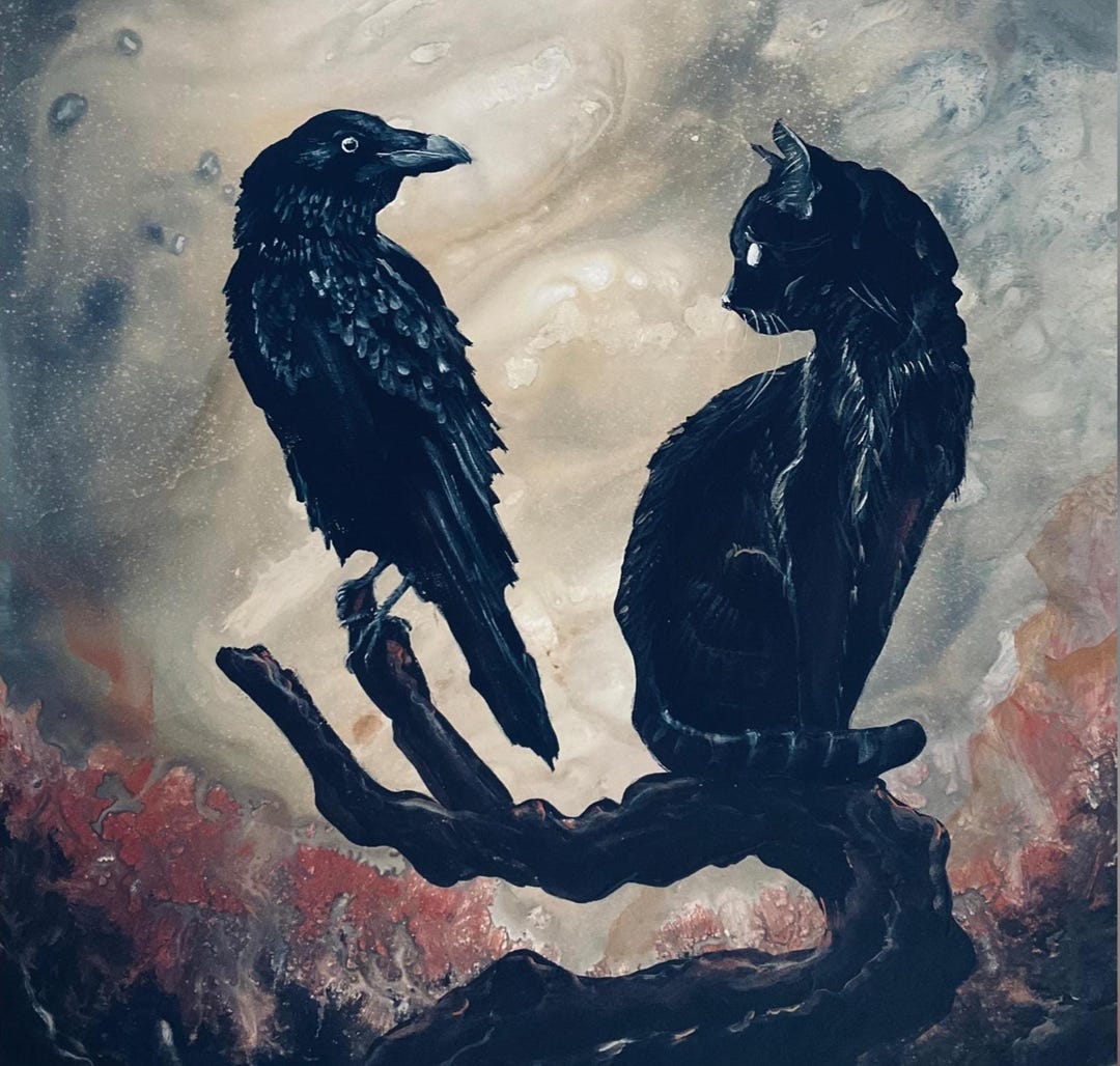 Copycat - Shadowy Art Print - Haunted Cat and Young Raven Stare at Each ...