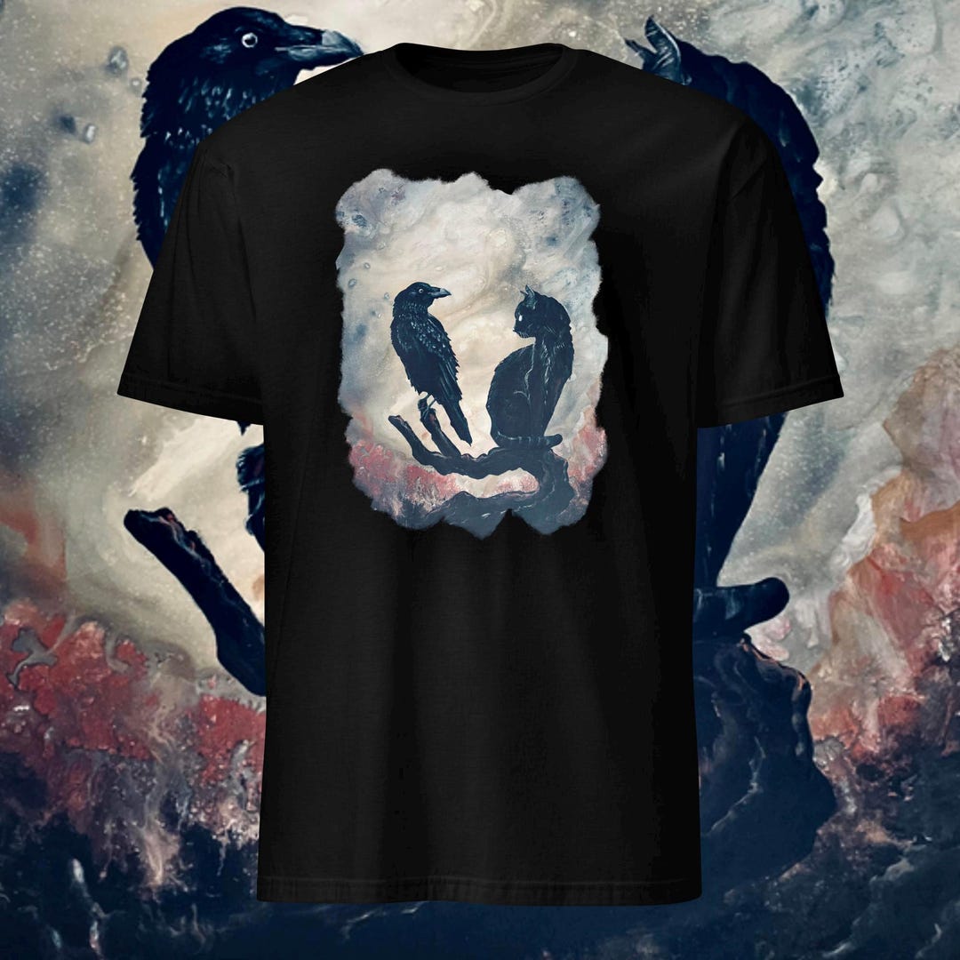 Copycat- Unisex T Shirt - Gothic Kitten & Raven Staring Contest - Etsy