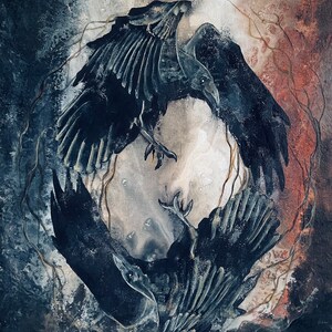 The Dance Eternal - Shadowy Art Print - Two Mirrored Crows Circling in ...