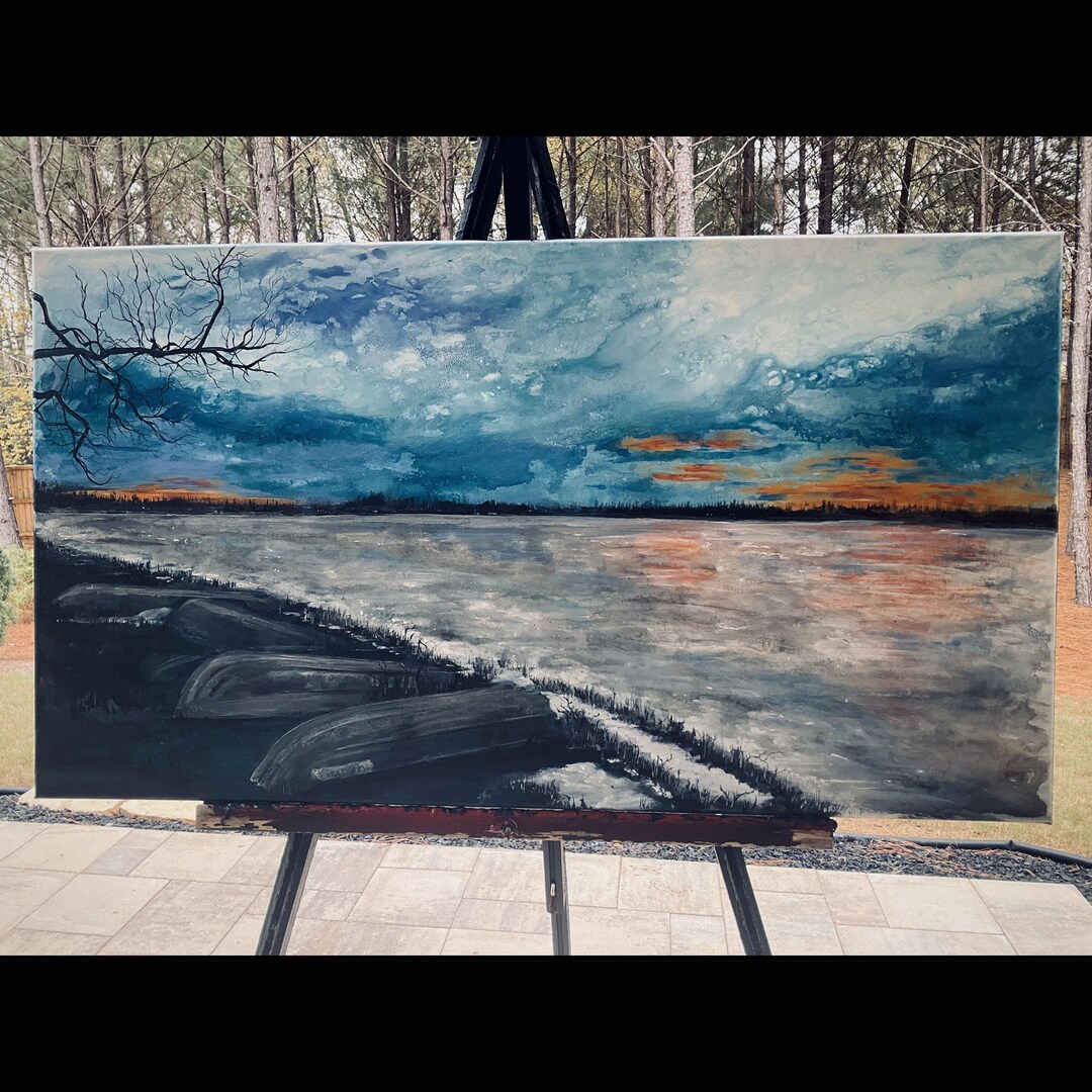 Pell Lake Original Canvas Painting Wintry Lake Shore, Trees, and ...