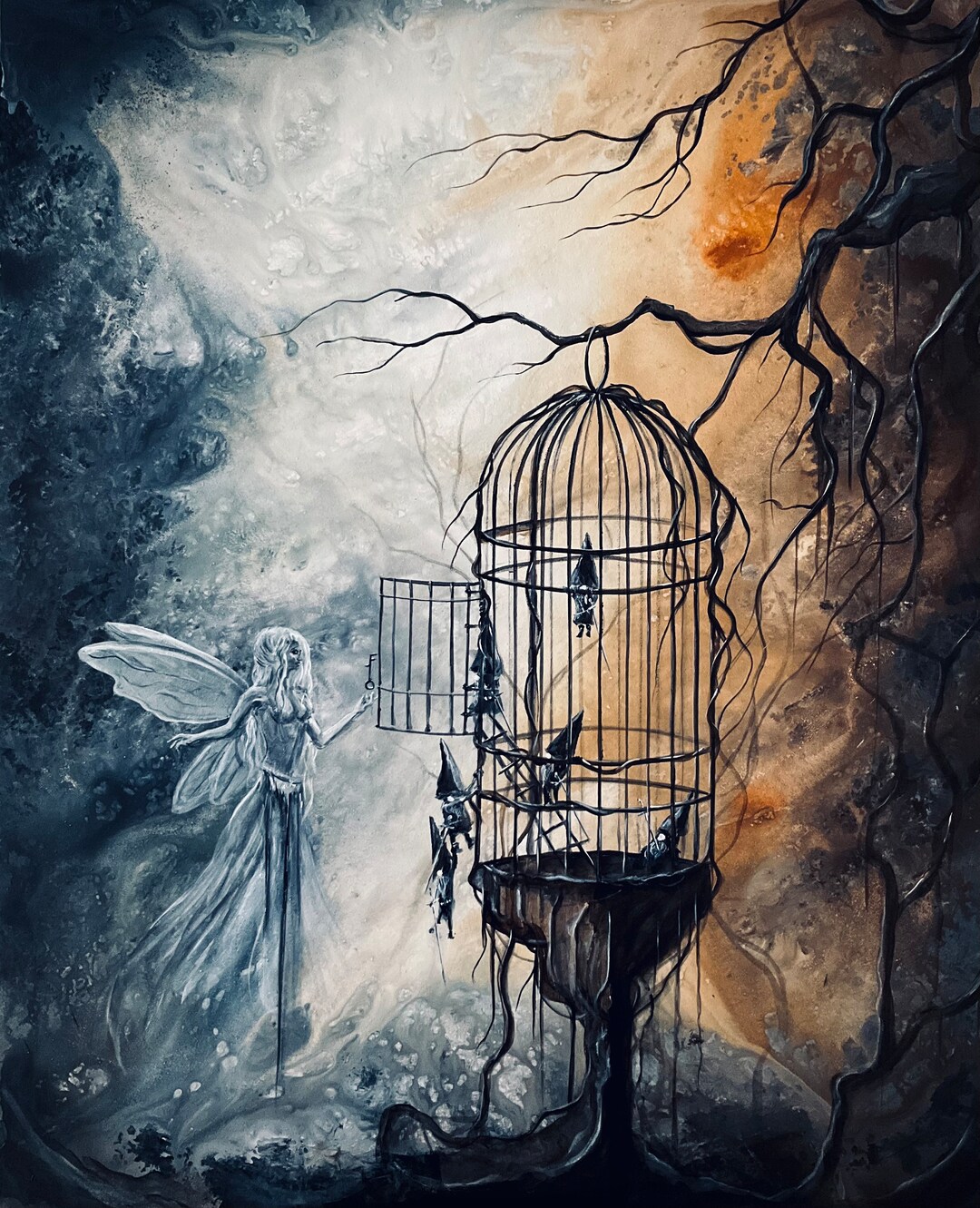 The Escape - Shadowy Art Print - Six Gnomes Escaping Birdcage With Help ...