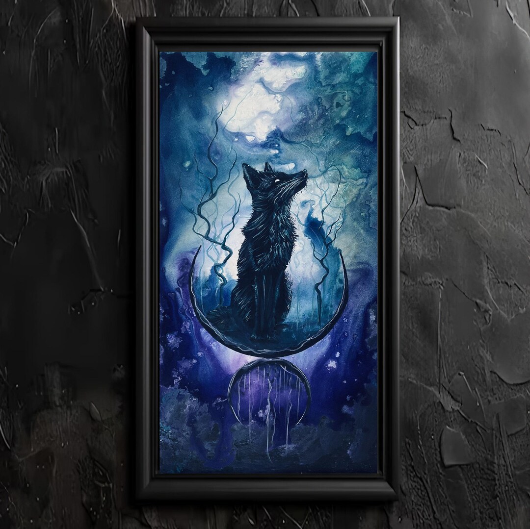 Moon Pup - Printable Wall Art Download - Young Wolf Sitting in Surreal ...