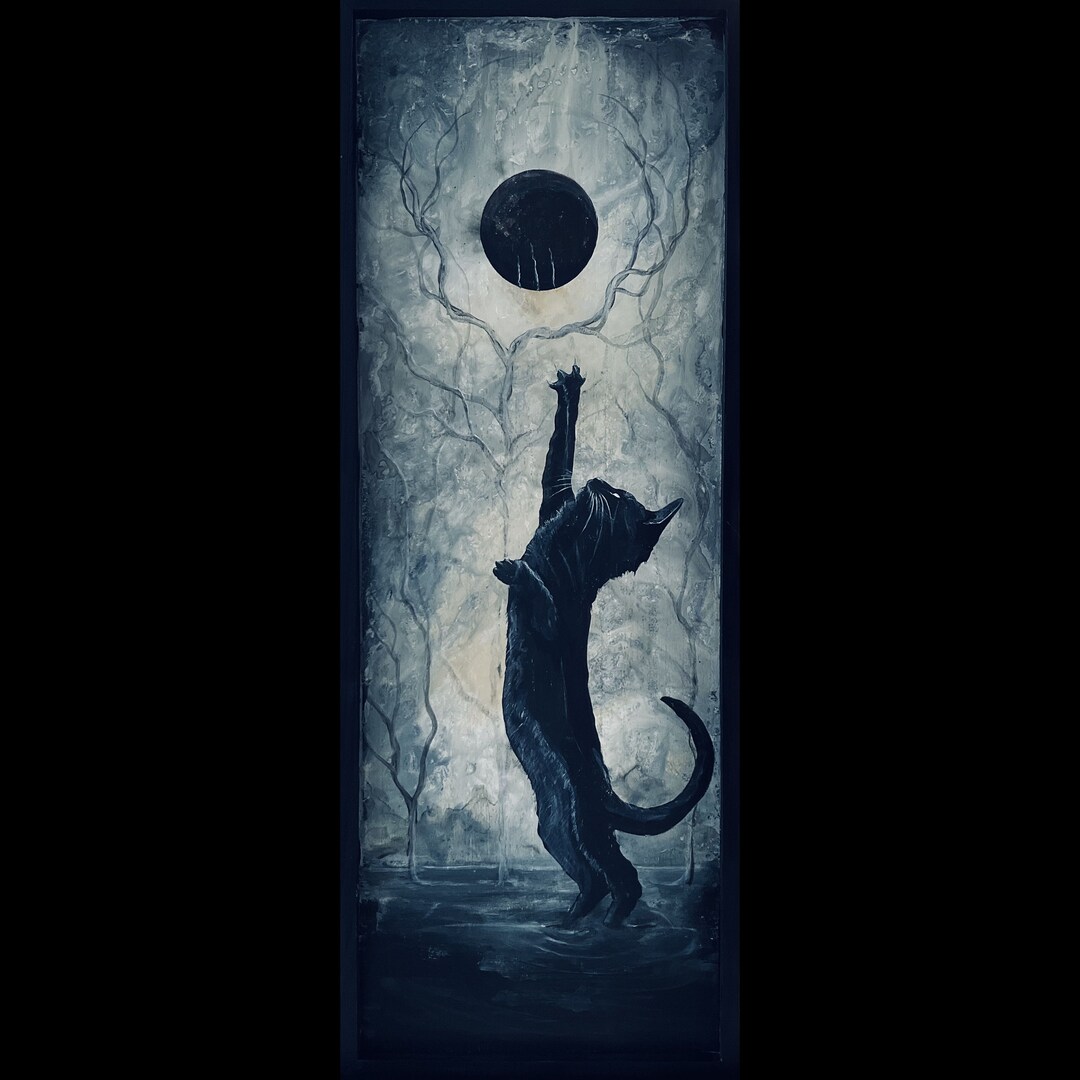 Moonclaw Black Cat Art Print Shadowy Gothic Feline Reaching up to Swat ...