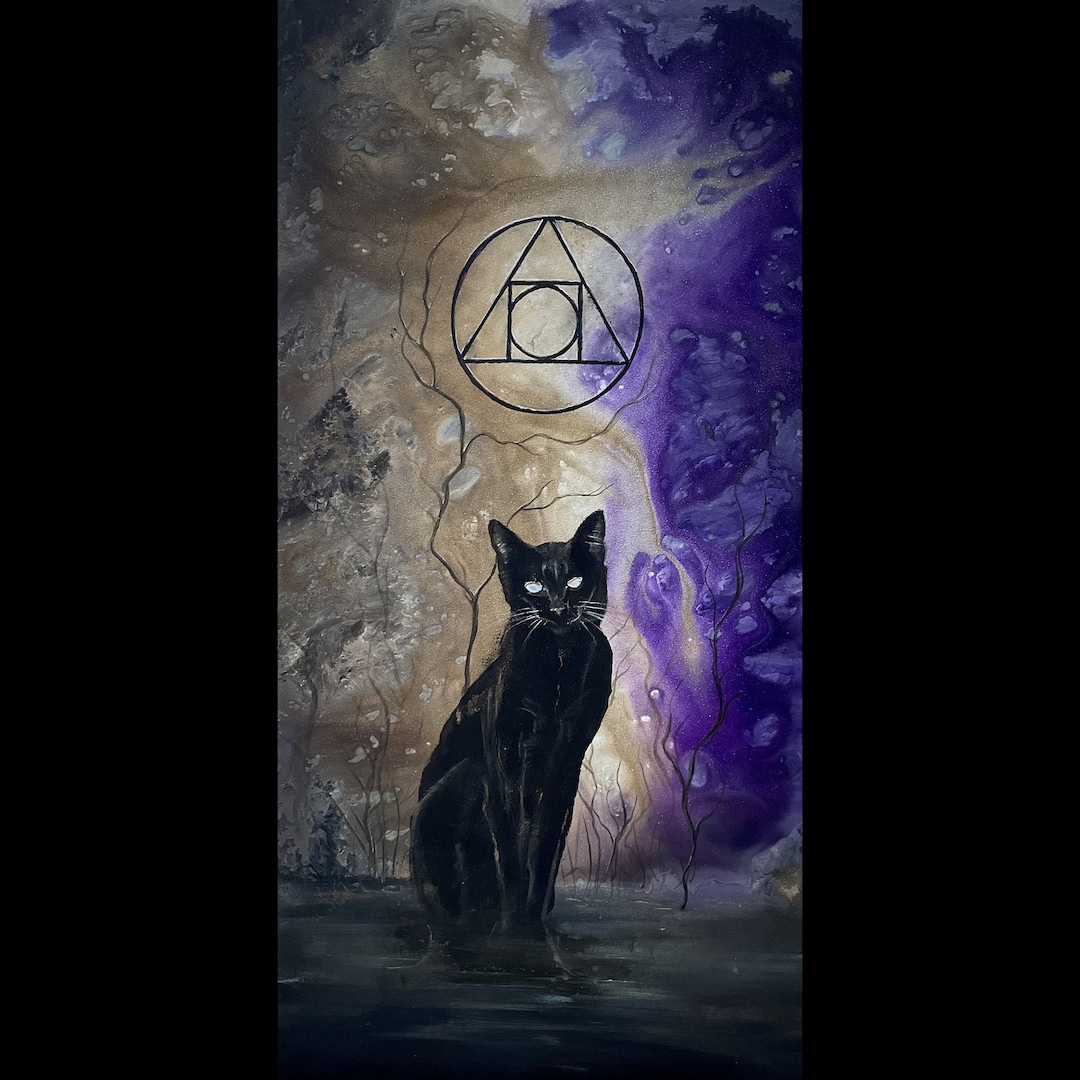 The Philosopher Black Cat Art Print Shadowy Moody Feline Beneath Arcane ...