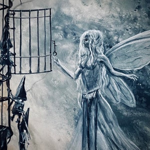 The Escape - Shadowy Art Print - Six Gnomes Escaping Birdcage With Help ...