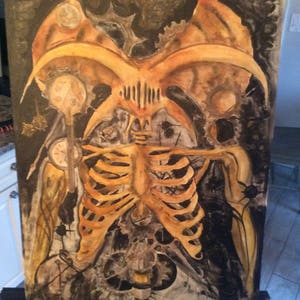 Clockwork Daemon Original Framed Dark Art Painting Gold Boned Demon W ...