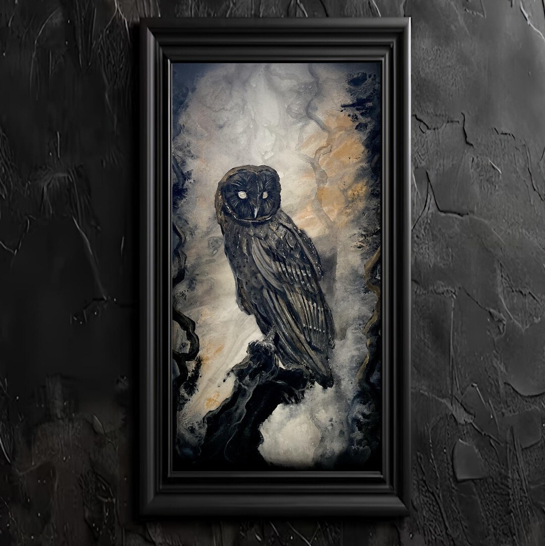 Visionary - Lustrous Art Print - Gold Feathered Owl With Shadowy Wings ...