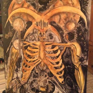 Clockwork Daemon - Original Framed Dark Art Painting - Gold Boned Demon ...