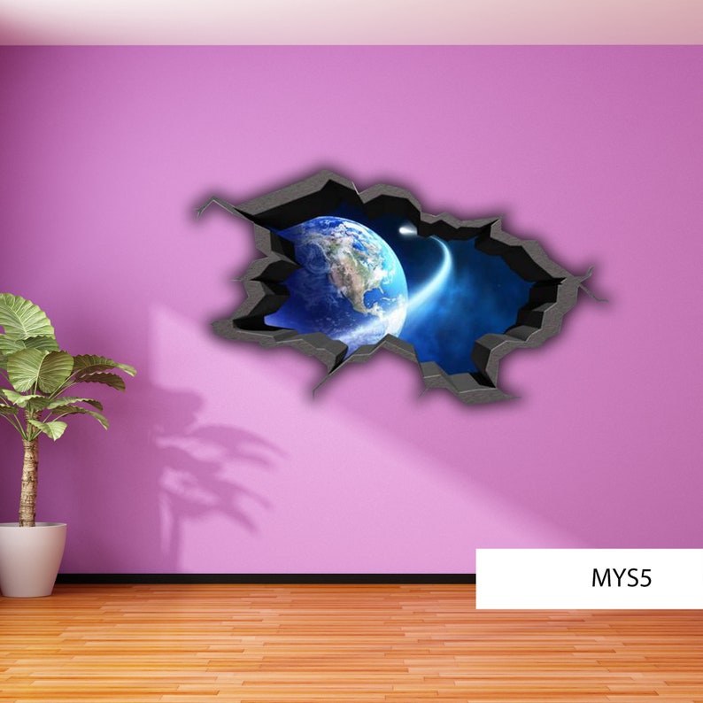 3D Earth Wall Decal: Broken Wall Space View, Removable Vinyl Sticker - Etsy