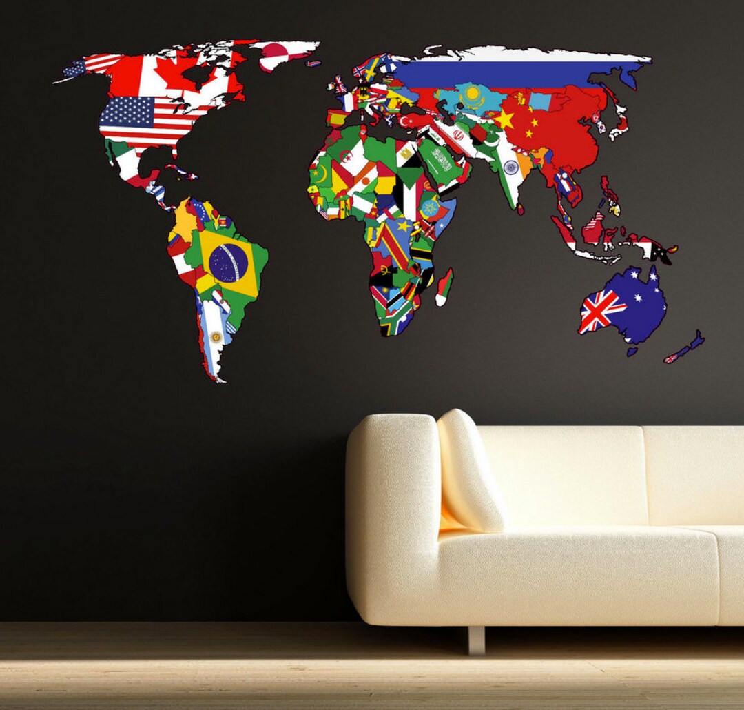 3D World Map Wall Decal, Vinyl Mural Sticker, Office & Classroom Decor ...