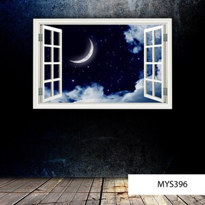 Night Sky Wall Decal - Stars and Crescent Moon Window Frame Mural ...