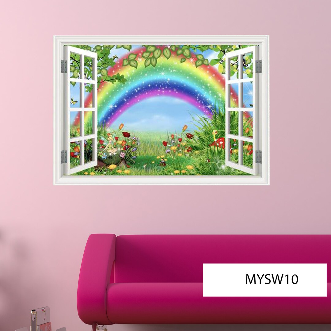 WINDOW FRAME MURAL Rainbow Clouds Mural Open Window Decals Office Wall ...