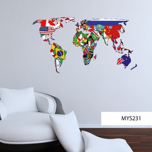 3D World Map Wall Decal, Vinyl Mural Sticker, Office & Classroom Decor ...