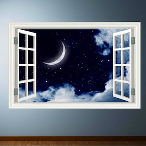 Night Sky Wall Decal - Stars and Crescent Moon Window Frame Mural ...