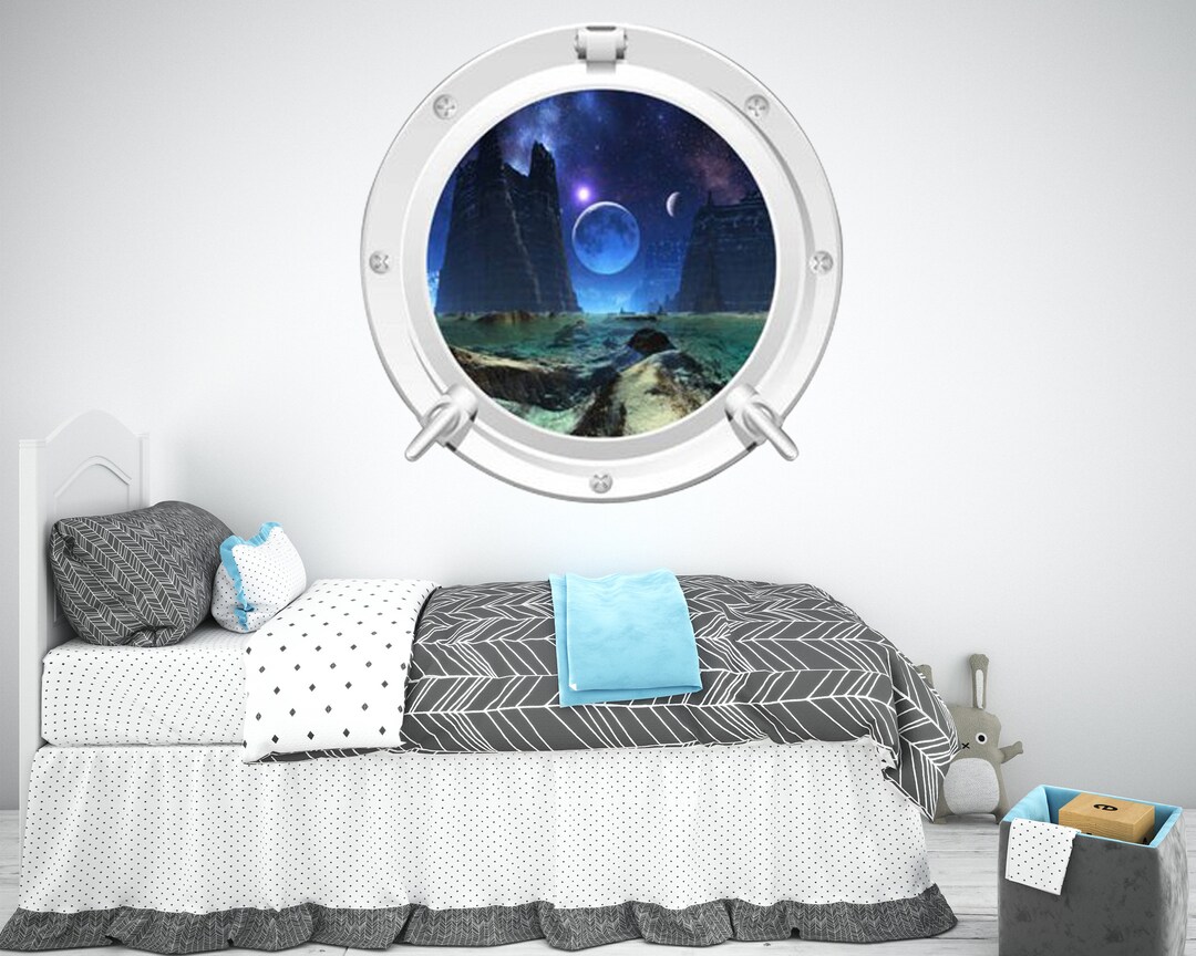SPACE WALL STICKER, Porthole Wall Mural, Galaxy Vinyl Sticker, Earth ...