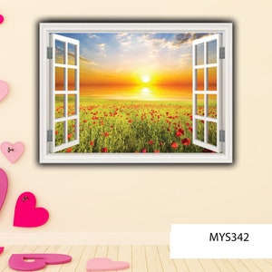 Nature Window Decal - Sunrise Wall Mural With Poppy Field - Removable ...