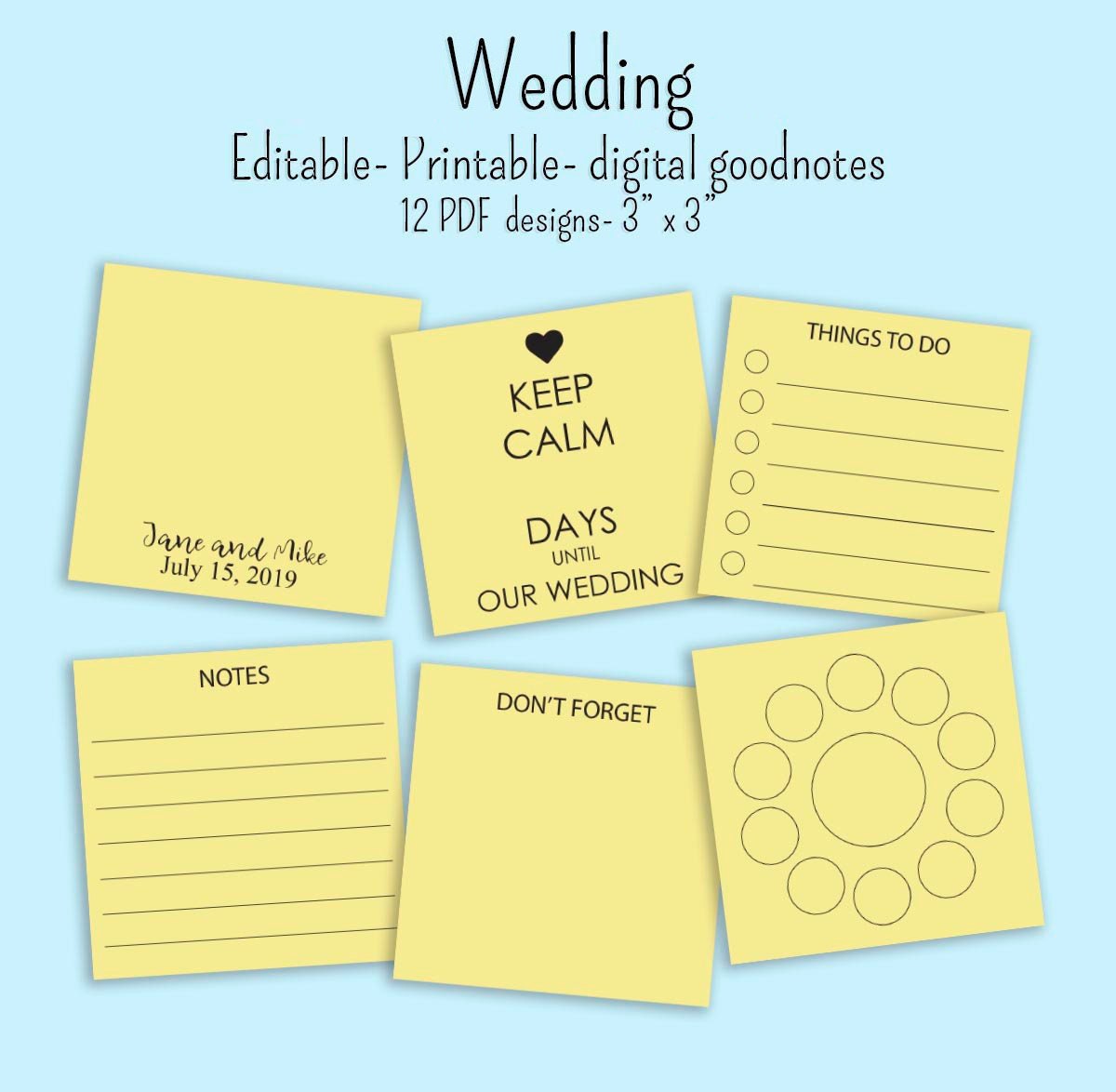 12 Wedding memo notes 3 x 3 size printable editable and digital ...