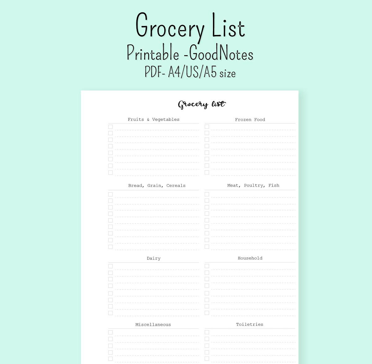 A4 Elegant Design Grocery List Printable Instant Download & US Letter ...