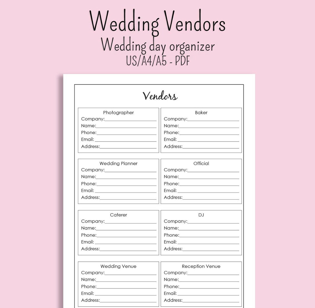 Wedding Day Vendor Contact Printable Sheet US Letter A4 A5 Size Instant