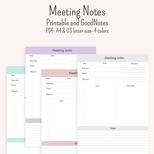 Meeting Notes 4 Colours US Letter and A4 Size Printable and - Etsy