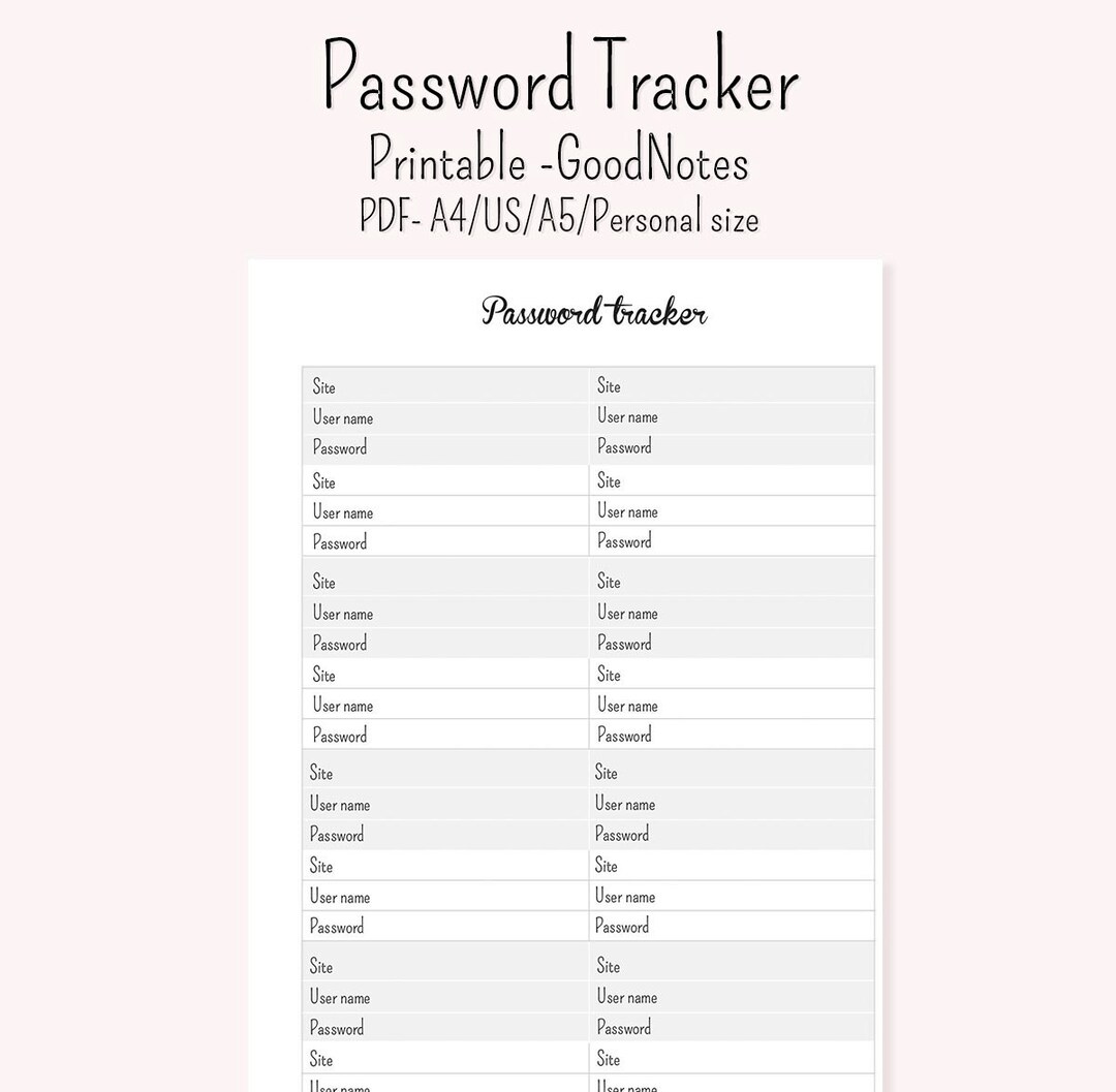 Password Tracker Printable US and A4 and A5 and Personal Size Pdf ...