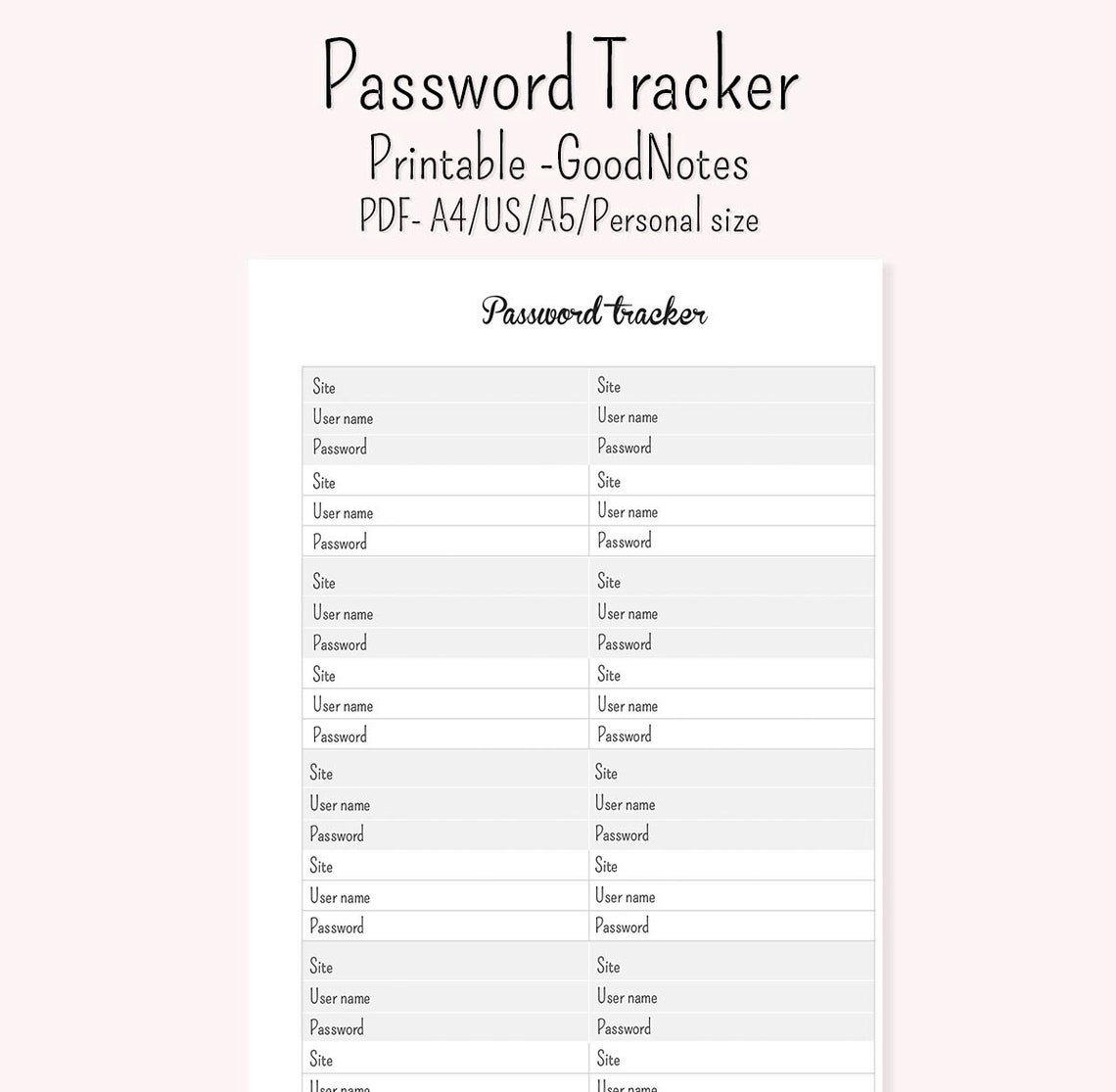 Password Tracker Printable US and A4 and A5 and Personal Size - Etsy