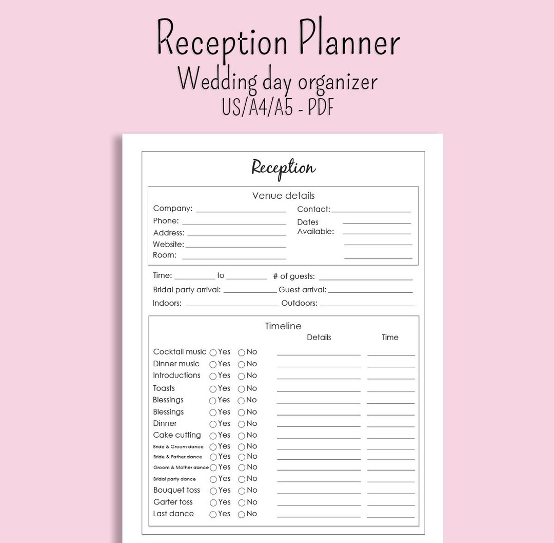 Wedding Day Reception Planner Printable Sheet US Letter A4 A5 Size ...