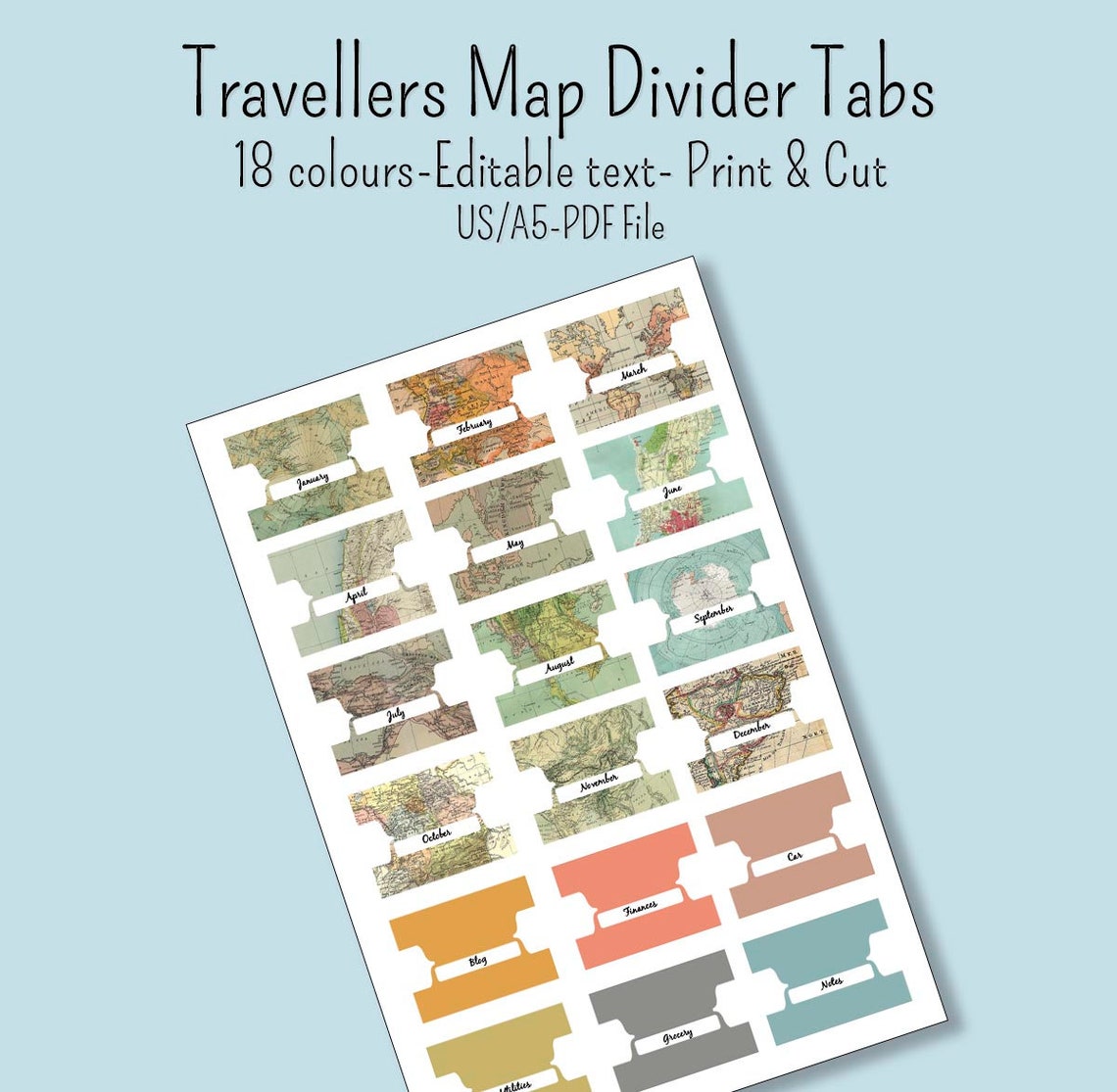 18 Travellers Map Patterned Dividers Tabs Printable and - Etsy