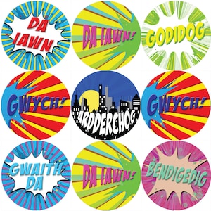 144 Superhero Comic Welsh Praise Words 30mm Reward Stickers for ...