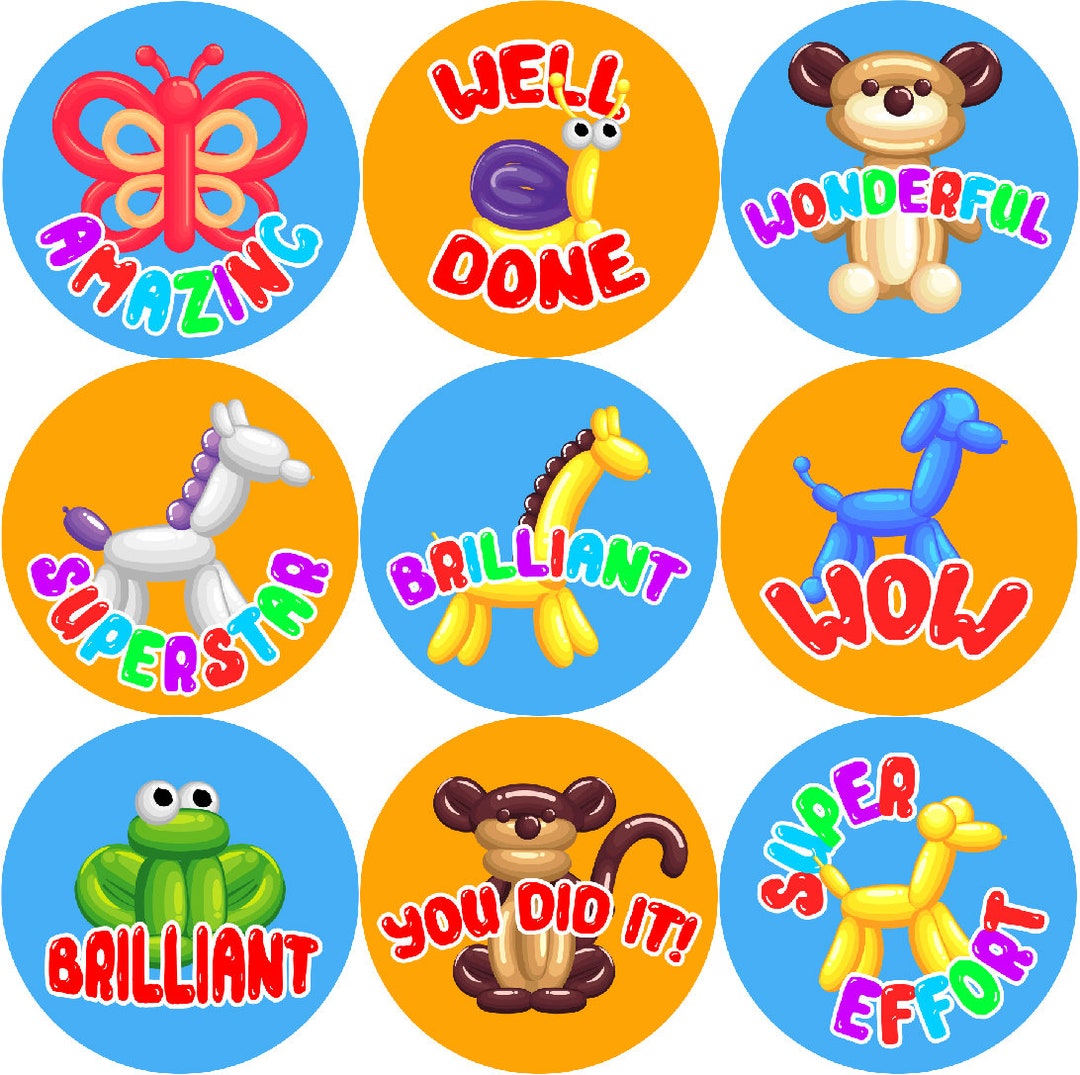 144 Balloon Animal Praise Themed 30mm Stickers Glossy Reward Stickers ...