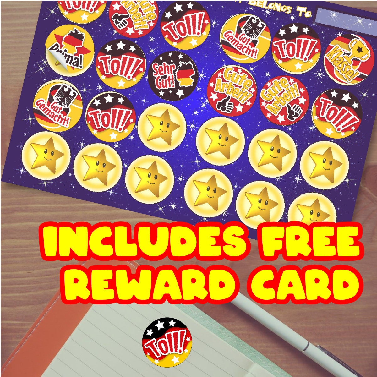 144 Super German Praise Word Stickers - 30mm Glossy Reward Stickers for ...