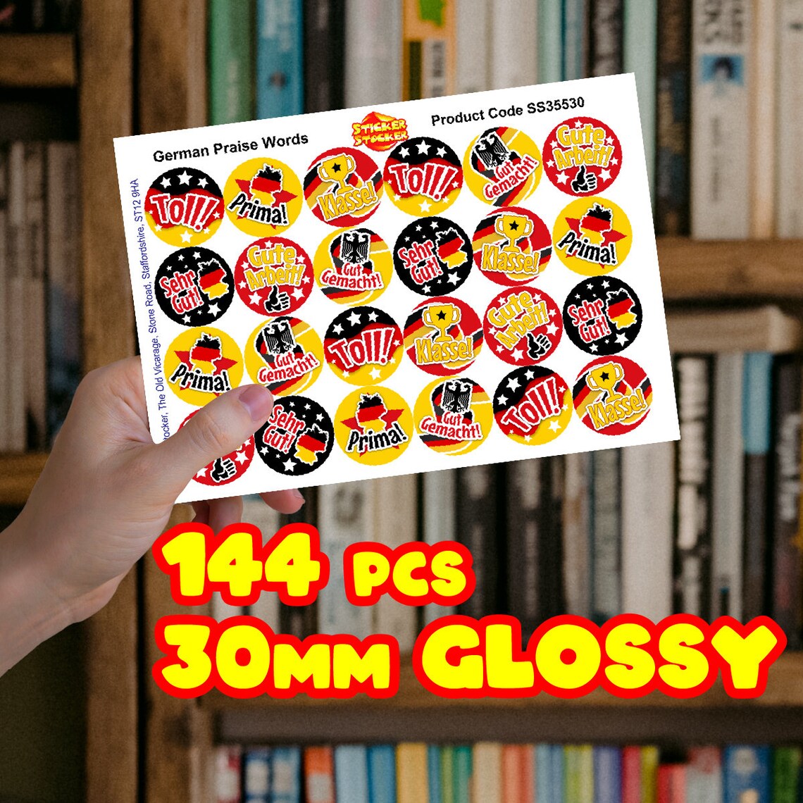 144 Super German Praise Word Stickers - 30mm Glossy Reward Stickers for ...