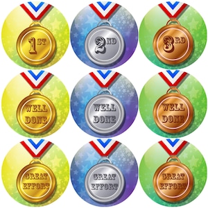 144 Sports Day Medals 30mm Round Children's Reward Stickers for ...