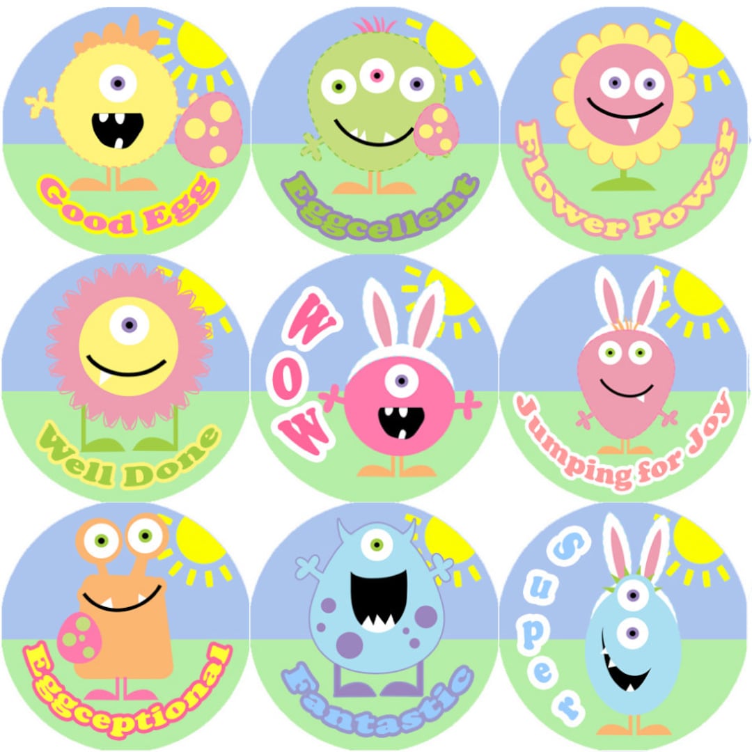 144 Monster Easter Praise Words 30mm Round Children's Reward Stickers ...