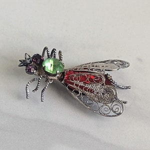 Victorian Cannetille Spun Silver Rhinestone Fly Insect Brooch Pin C ...