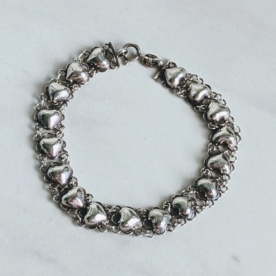 Vintage Sterling Silver Heart Link Bracelet 7" - Gem