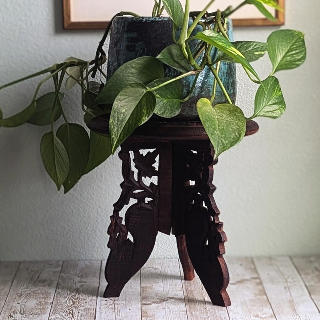 Vintage India Hand Carved Wood Plant Stand Table, Inlay, Tripod Legs ...