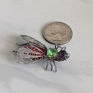Victorian Cannetille Spun Silver Rhinestone Fly Insect Brooch Pin C ...