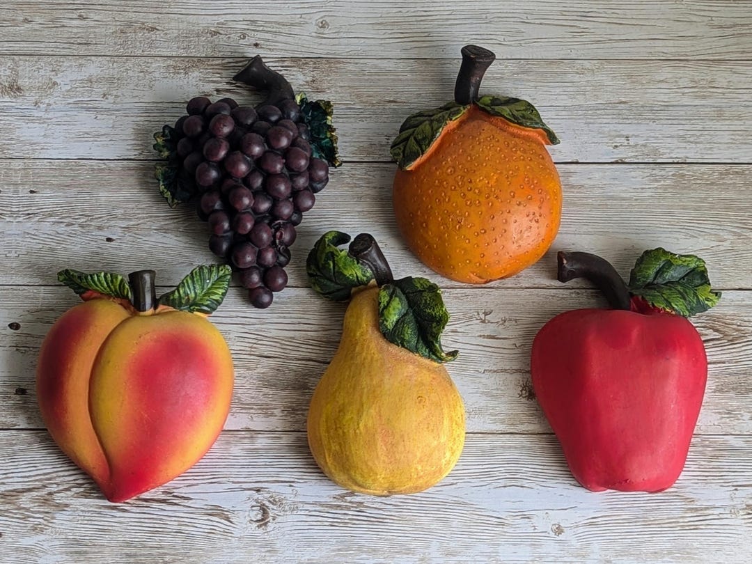 Vintage Chalkware Style Fruit Wall Hangings - Grape Apple Pear Peach ...