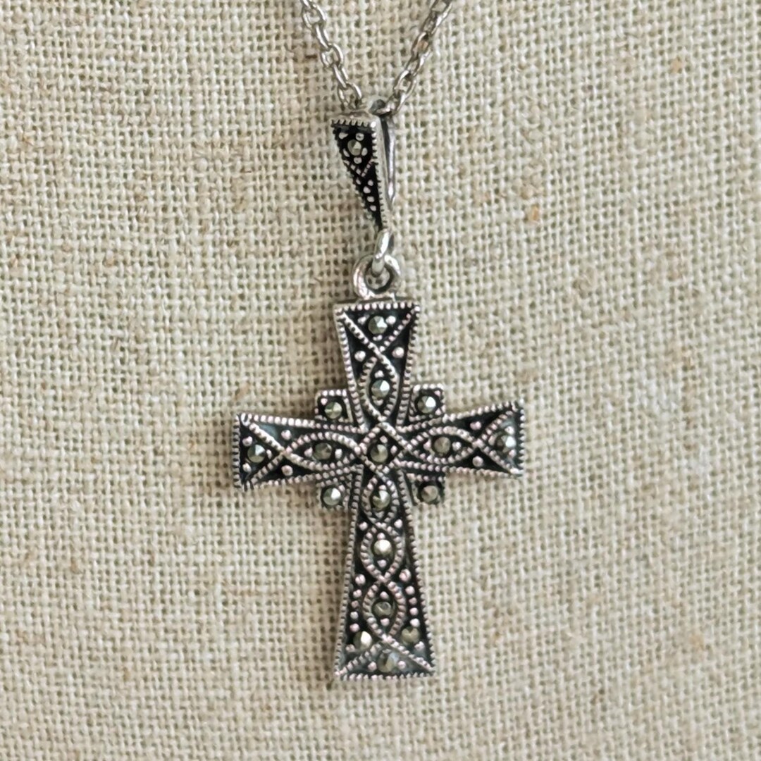 Sterling Silver Marcasite Cross Pendant Necklace - Etsy
