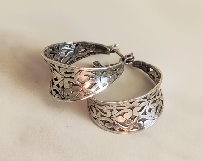 Vintage Sterling Silver Scrolled Floral Concave Hoop Earrings 7/8" - Etsy
