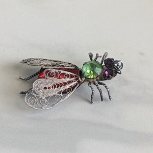 Victorian Cannetille Spun Silver Rhinestone Fly Insect Brooch Pin C ...